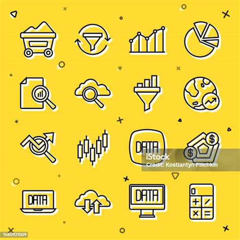 라인 계산기 재무 성장 파이 차트 인포 그래픽 검색 클라우드 컴퓨팅 문서 탄광 트롤리 및 판매 깔때기 아이콘을 설정합니다 벡터