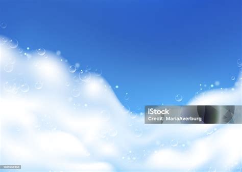 거품이있는 사실적인 비누 거품이있는 아름다운 파란색 배경 샴푸 거품 질감 빛나는 세척 위생 세제 텍스트의 빈 장소입니다 벡터