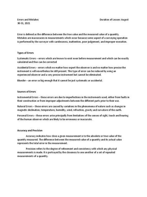 Errors And Mistakes Lesson Pdf Measurement Accuracy And Precision