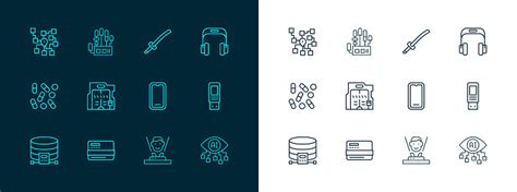 라인 헤드폰 신용 카드 모바일 홀로그램 미래 지향적 슬라이딩 도어 카타나 신경망 및 기계 로봇 손 아이콘을 설정합니다 벡터 Usb 케이블에 대한 스톡 벡터 아트 및 기타