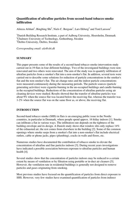 Pdf Quantification Of Ultrafine Particles From Second Hand Tobacco Smoke Infiltration