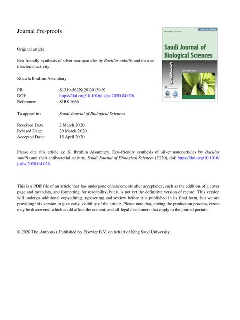 Pdf Eco Friendly Synthesis Of Silver Nanoparticles By Bacillus