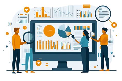 Team Analyzing Data On Computer Screen With Charts And Graphs Illustration Stock Illustration