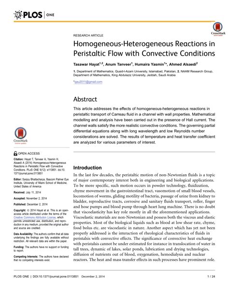Pdf Homogeneous Heterogeneous Reactions In Peristaltic Flow With