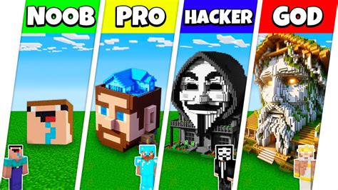 Minecraft Battle Noob Vs Pro Vs Hacker Vs God Inside Head House Base Build Challenge