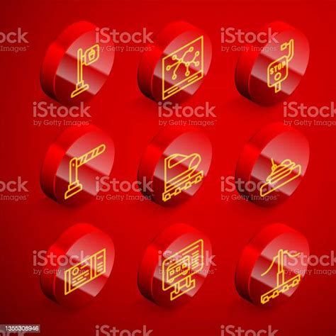 세트 라인 카페 및 레스토랑 위치 철도지도 비상 브레이크 장벽 고속 열차 음식 접시 기차 티켓 및 티켓 아이콘을 구입할 수있는 티켓 사무실 벡터 3차원 형태에 대한 스톡