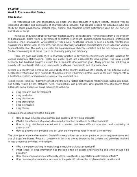 PSAP Module Transes Week Pharmaceutical System Introduction The