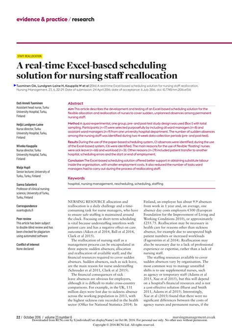 Pdf A Real Time Excel Based Scheduling Solution For Nursing Staff Reallocation