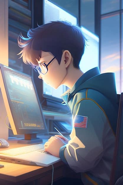 Un Chico Nerd Está Programando En Una Computadora En Una Habitación Llena De Aparatos Foto Premium