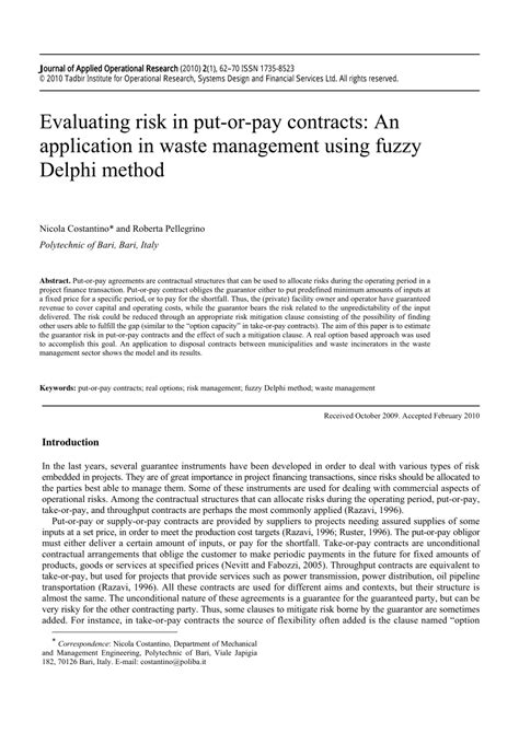 Pdf Evaluating Risk In Put Or Pay Contracts An Application In Waste