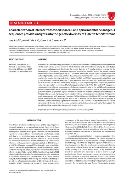 Pdf Characterization Of Internal Transcribed Spacer 1 And Apical Membrane Antigen 1 Sequences
