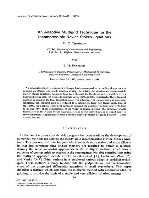 Pdf An Adaptive Multigrid Technique For The Incompressible Navier Stokes Equations Dokumentips