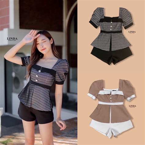 Set เสื้อ กางเกงขาสั้น มีสีดำกับสีเบจ มีxs Sml ป้ายlinda Shopee Thailand