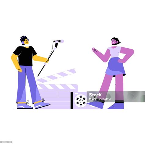 마이크와 여성 배우를 가진 Soundman 오디오 녹음 영화 제작 및 미디어 제작을 상징하는 평면 벡터 일러스트 레이 션 흰색 배경에 고립 된 가수에 대한 스톡 벡터 아트
