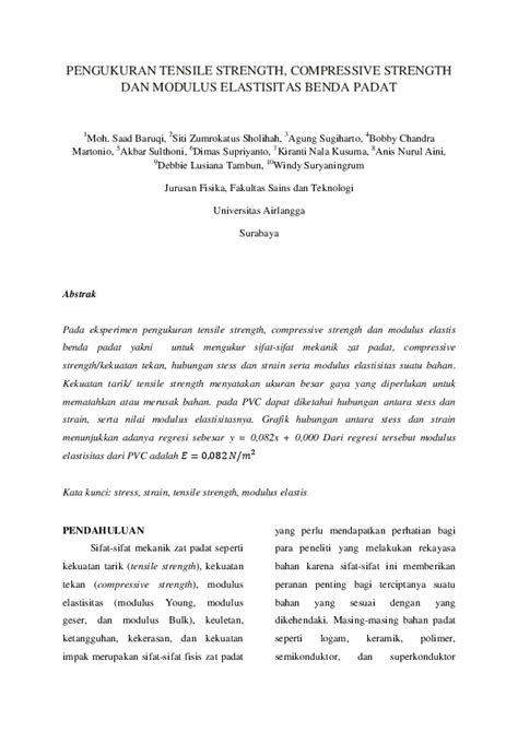 Pdf Pengukuran Tensile Strength Compressive Strength Dan Modulus Elastisitas Benda Padat