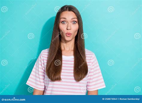 Portrait Of Optimistic Ecstatic Woman With Long Hairstyle Wear Striped T Shirt Staring Pouted
