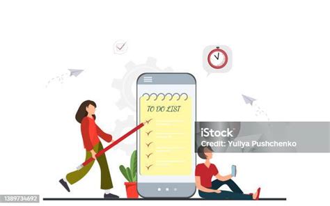 휴대 전화 근처 연필로 서 작은 여자 목록 개념을 할 월 일정 시간 관리 개념 계획 완료 작업 완료 시간표 체크 리스트 계획 일정 개념 평면 벡터 일러스트 개념에 대한 스톡