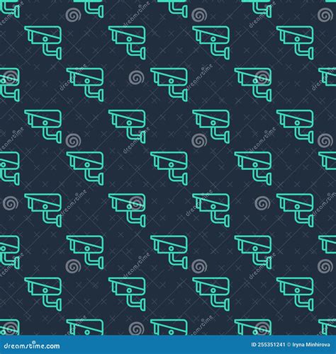 Green Line Security Camera Icon Isolated Seamless Pattern On Blue Background Vector Stock