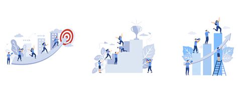 사람들은 기둥의 열 목표의 성취에 대한 경로 사업가의 목표에 대한 사다리를 황금 컵의 형태로 올라가고 동기 부여를 높이고 평면 벡터 현대 일러스트레이션을 설정합니다 벡터에