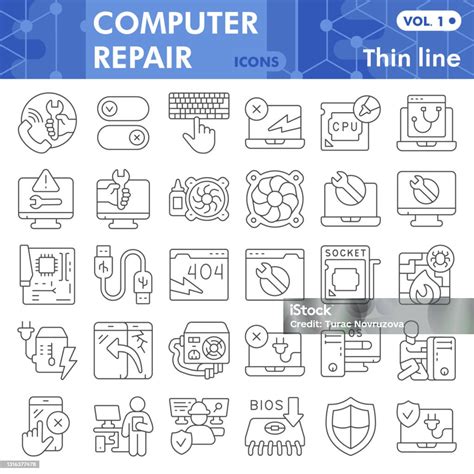 Pcrepair 얇은 선 아이콘 세트 컴퓨터 기호 컬렉션 또는 스케치 웹 및 앱용 Pc 수리 선형 스타일 표지판 흰색 배경에서 격리된 벡터 그래픽입니다 10에 대한 스톡