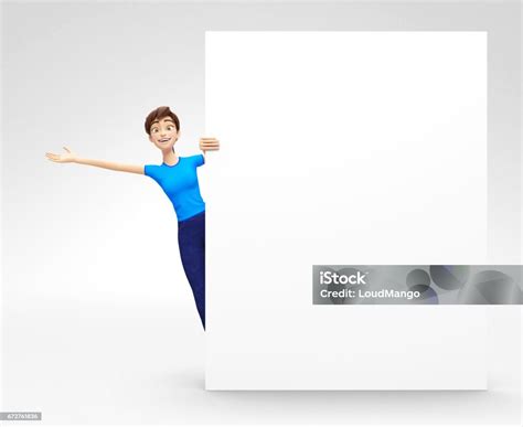 빈 제품 광고 판과 배너 이랑 발표 미소와 행복 제니3d 만화 여성 캐릭터 캐주얼 옷에 사람들에 대한 스톡 벡터 아트 및 기타 이미지 사람들 한 사람 3차원 형태