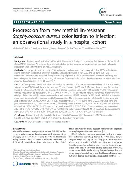 Pdf Progression From New Methicillin Resistant Staphylococcus Aureus Colonization To Infection