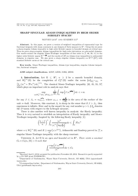 Pdf Sharp Singular Adams Inequalities In High Order Sobolev Spaces Nguyen Tan Lam