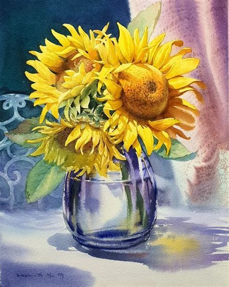 해바라기 예술 수채화 그림