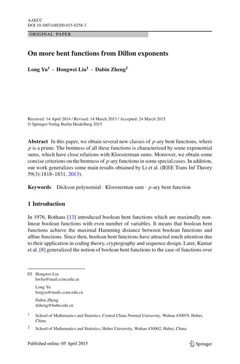 Pdf On More Bent Functions From Dillon Exponents