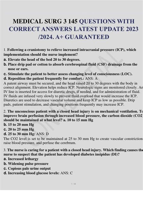 Medical Surg 3 145 Questions With Correct Answers Latest Update 2024 A Medical Surg Nursing