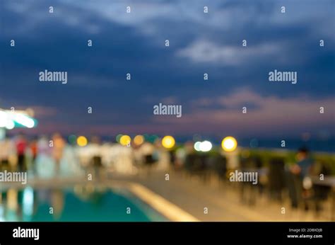 Blurred Dining Table Restaurant Terrace Rooftop With Beautiful Sea View