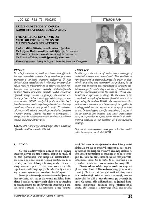 Pdf The Application Of Vikor Method For Selection Of Maintenance