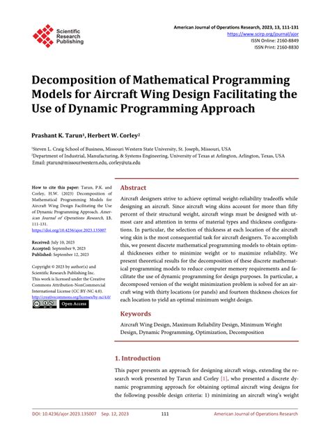 Pdf Decomposition Of Mathematical Programming Models For Aircraft