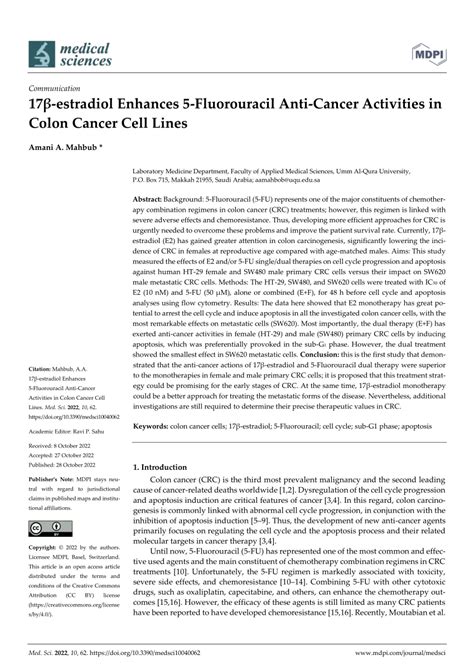 Pdf 17β Estradiol Enhances 5 Fluorouracil Anti Cancer Activities In Colon Cancer Cell Lines