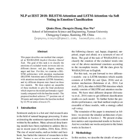 Nlp At Iest 2018 Bilstm Attention And Lstm Attention Via Soft Voting In Emotion Classification