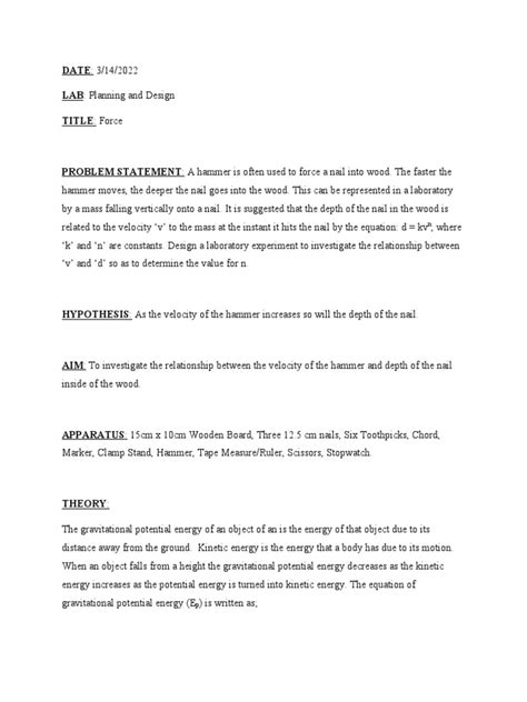 Implementation Lab Pdf Mass Potential Energy