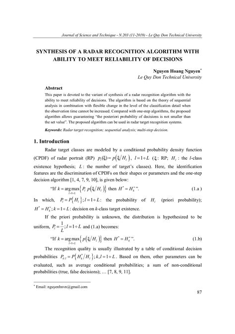 synthesis of a radar recognition algorithm with ability to meet