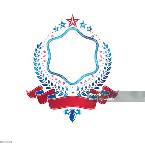빈 복사본 공간 및 스타와 리본 같은 다른 요소를 사용 하 여 만든 그래픽 상징 팔의 문장 학 외 투 장식 기호 고립 벡터 일러스트 레이 션 경외감에 대한 스톡 벡터 아트