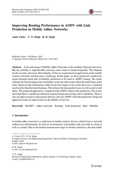 Pdf Improving Routing Performance In Aodv With Link Prediction In Mobile Adhoc Networks