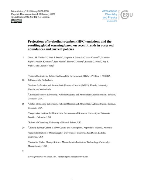 Pdf Projections Of Hydrofluorocarbon Hfc Emissions And The Resulting Global Warming Based On