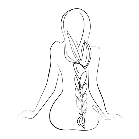Minimal Line Art Young Woman With Long Braided Hair Back View Vector