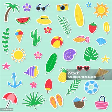 손으로 그린 귀여운 여름 아이콘 세트입니다 만화 휴일 스티커와 배경입니다 벡터 일러스트 레이 션 개체 그룹에 대한 스톡 벡터 아트 및 기타 이미지 Istock