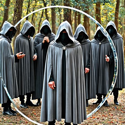 Nine Men In Grey Cloaks With Hoods On Standing In A Circle Around A