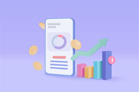 보라색 배경에 휴대 전화와 돈 동전으로 3d 온라인 거래 스마트 폰에서 자금 조달 사업을 사용한 투자 그래프 투자 렌더링 일러스트레이션을위한 휴대 전화에서 3d 벡터 거래