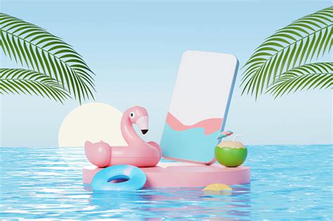 여름 방학 추상 제품 전시 푸른 바다 배경 개념에 최소한의 사실적인 디스플레이 연단 열대 여름 섬 우산 풍선 반지가 있는 화장품 3d 렌더링 배경 주제에 대한 스톡 사진 및