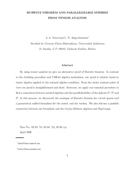 Pdf Hurwitz Theorem And Parallelizable Spheres From Tensor Analysis