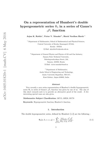 Pdf On A Representation Of Humberts Double Hypergeometric Series