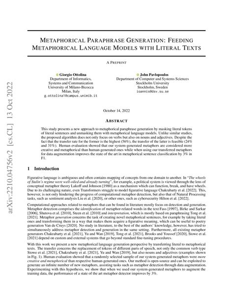 Metaphorical Paraphrase Generation Feeding Metaphorical Language Models With Literal Texts Deepai