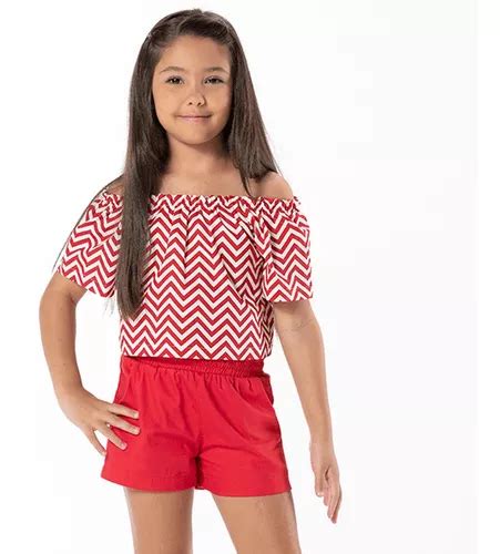 Conjunto Infantil Bata Listras Zig Zag E Shorts Vermelho Frete Grátis