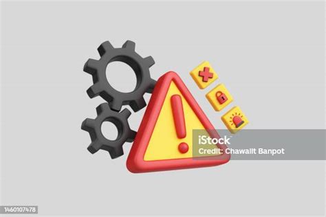 빨간색과 노란색 삼각형 느낌표 기호 개체 기어 비상 조명 잠금 회색 배경 알림 위험 보안 경고 및 경고 시스템 충돌 클리핑 패스 3d 그림입니다 3차원 형태에 대한 스톡
